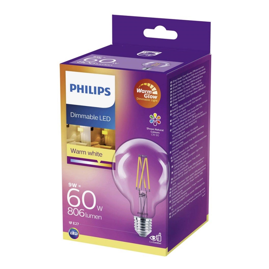 Ampoule LED à intensité variable Philips Warm Glow E27/9W/230V 2200K-2700K | Lumimania